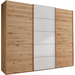 Schwebetürenschrank Wiemann "Cardiff" Schränke Gr. B/H/T: 246,3 cm x 217 cm x 67 cm, Mittelpartie Glas weiß, 3 St., braun (bianco, eiche, nachbildung) mit massiven Holztüren und Glas