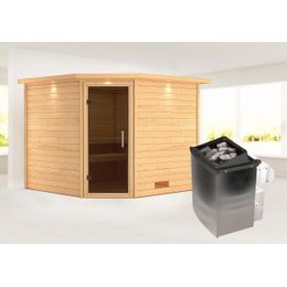 Karibu Sauna ""Leona" mit Kranz und graphitfarbener Tür Ofen 9 kW integr. Strg" Saunen aus hochwertiger nordischer Fichte beige (naturbelassen)