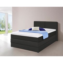 Boxspringbett Hapo, schwarz (schwarz, kunstleder), Liegefläche B/L: 140cm x 200cm, kein Härtegrad, 7-Zonen-Tonnentaschen-Federkernmatratze, Kopfteil, seitliche Unterbox und Obermatratze sind mit pflegeleichtem Feinstrukturstoff in Leinenoptik (100% Polyester) oder Kunstleder bezogen;Die Oberseite der Unterfederung und die Ober- und Unterseite der Obermatratze sind jeweils mit einem rutschhemmenden