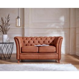 Chesterfield-Sofa Home Affaire "Reims", braun (cognac), B:150cm H:76cm T:88cm, Samtoptik (100% Polyester), Sofas, mit echter Chesterfield-Knopfheftung, hochwertige Verarbeitung
