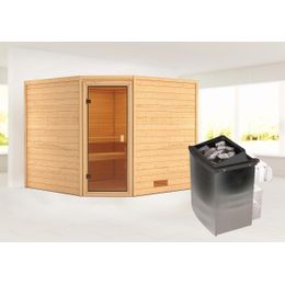 Karibu Sauna ""Leona" mit bronzierter Tür Ofen 9 kW integr. Strg" Saunen aus hochwertiger nordischer Fichte beige (naturbelassen)