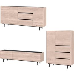 Wohnzimmer-Set Germania "Cantoria" Kastenmöbel-Sets Gr. B/H/T: 513 cm x 150 cm x 40 cm, Türdämpfung-Selbsteinzug der Schubladen-Verstellbare Einlegeböden, schwarz (eiche, schw) mit Sideboard, Highboard, Lowboard, griffloses Design