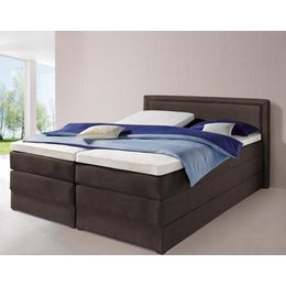 Boxspringbett Hapo, braun, Liegefläche B/L: 200cm x 200cm, kein Härtegrad, Bonnell-Federkernmatratze, Kopfteil, seitliche Unterbox und Obermatratze sind mit pflegeleichtem Feinstrukturstoff in Leinenoptik (100% Polyester) bezogen;Die Oberseite der Unterfederung und die Ober- und Unterseite der Obermatratze sind jeweils mit einem rutschhemmenden Stoff aus 100% Polyester bespannt., Komplettbetten, B