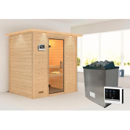 Karibu Sauna ""Sonja" mit Klarglastür und Kranz Ofen 9 KW externe Strg modern" Saunen beige (naturbelassen)