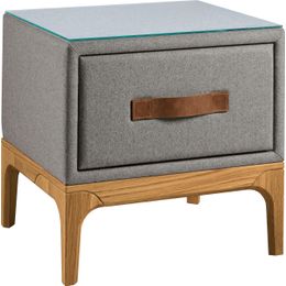 Nachtkommode Birkenstock "Iona" Sideboards Gr. B/H/T: 51 cm x 49,5 cm x 43,5 cm, 1, grau (hellgrau cww 29) mit Lederlaschen-Griff, Holzsockel in Eiche natur