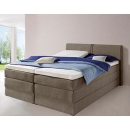 Boxspringbett Hapo, braun (hellbraun, strukturstoff), Liegefläche B/L: 160cm x 200cm, kein Härtegrad, Bonnell-Federkernmatratze, Kopfteil, seitliche Unterbox und Obermatratze sind mit pflegeleichtem Feinstrukturstoff in Leinenoptik (100% Polyester) oder Kunstleder bezogen;Die Oberseite der Unterfederung und die Ober- und Unterseite der Obermatratze sind jeweils mit einem rutschhemmenden Stoff aus 