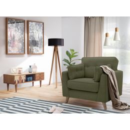 Sessel Home Affaire "Copenhagen", grün, B:92cm H:88cm T:87cm, Struktur weich (100% Polyester);Samtoptik (100% Polyester), Sessel, Einzelsessel, feiner Keder, Kopfheftung im Rücken und Armlehnkissen