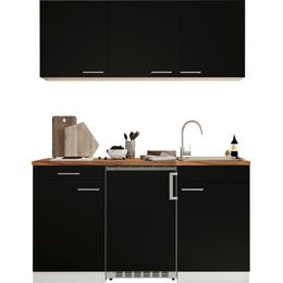 E (A bis G) Pantryküche respekta "Luis, mit Duo Kochfeld, wahlweise Mikrowelle, Korpus Weiß" Komplettküchen-Sets Gr. B/H/T: 150 cm x 200 cm x 60 cm, Küchenzeile, ohne Mikrowelle, schwarz (küche: front: schwarz, korpus: weiß, arbeitsplatte butcher nussbaum, arbeitsplatte: nussbaum) Küchenzeile Breite 150 cm