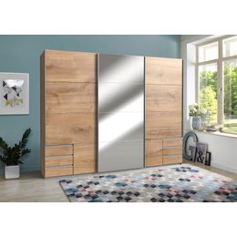 Schwebetürenschrank wimex "Seattle" Schränke Gr. B/H/T: 270 cm x 208 cm x 64 cm, 3 St., braun (eichefarben hickory, spiegel) mit Schubladen und Spiegel