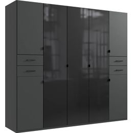 Drehtürenschrank wimex "Danzig" Schränke Gr. B/H/T: 225 cm x 208 cm x 58 cm, 7 St., schwarz (graphit, lange durchgängige türfronten glas schwarz) mit Schubladen auf bequemer Höhe, Glastüren