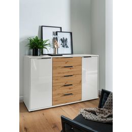 Kombikommode Wiemann "Metz" Sideboards Gr. B/H/T: 141 cm x 86 cm x 43 cm, 5 St., schwarz-weiß (weiß, griffe: schiefer) mit Glasfront und Soft-Close-Funktion