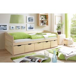 Funktionsbett Ticaa "Maria", beige (kiefer massiv natur), B:96cm H:69cm L:204cm, Daybetten, mit 5 Schubkästen, wahlweise mit Matratze
