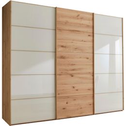 Schwebetürenschrank Wiemann "Cardiff" Schränke Gr. B/H/T: 295,2 cm x 217 cm x 67 cm, Außenpartien Glas champagner, 3 St., braun (bianco, eiche, nachbildung) mit massiven Holztüren und Spiegel