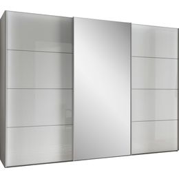 Schwebetürenschrank Wiemann "Kos" Schränke Gr. B/H/T: 295,2 cm x 236 cm x 67 cm, 3 St., grau (kieselgrau, dekor, glas weiß, kristallspiegel) mit Spiegeltür und Schattenfuge