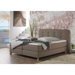 Boxspringbett Home Affaire "Cecina", beige (dunkelbeige), B:122cm L:210cm, Struktur fein (100% Polyester), Komplettbetten, Boxspringbett, in 5 Breiten, 3 Ausf&uuml;hrungen, 2 H&auml;rtegrade, Knopfheftung, Topper