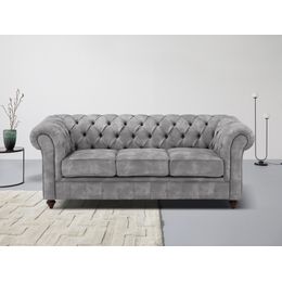 Chesterfield-Sofa Home Affaire "Chesterfield 3-Sitzer B/T/H: 198/89/74 cm", grau (hellgrau), B:198cm H:74cm T:89cm, Luxus-Microfaser Lederoptik (100% Polyester), Sofas, mit hochwertiger Knopfheftung, auch in Leder
