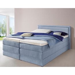 Boxspringbett Hapo, blau (hellblau), Liegefläche B/L: 160cm x 200cm, kein Härtegrad, 7-Zonen-Tonnentaschen-Federkernmatratze, Kopfteil, seitliche Unterbox und Obermatratze sind mit pflegeleichtem Feinstrukturstoff in Leinenoptik (100% Polyester) bezogen;Die Oberseite der Unterfederung und die Ober- und Unterseite der Obermatratze sind jeweils mit einem rutschhemmenden Stoff aus 100% Polyester besp