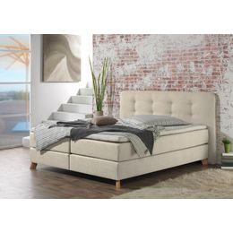 Boxspringbett Home Affaire "Cecina", beige (creme), B:162cm L:210cm, Struktur fein (100% Polyester), Komplettbetten, Boxspringbett, in 5 Breiten, 3 Ausf&uuml;hrungen, 2 H&auml;rtegrade, Knopfheftung, Topper