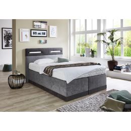 Boxspringbett, grau (anthrazit, grau), Ohne Topper, Liegefl&auml;che B/L: 140cm x 200cm, H3, 5-Zonen-Tonnentaschen-Federkernmatratze, Bezug Obermatratze 100% Polyester, waschbar bis 60C;Bezug Unterbox und Kopfteil: Mikrofaservelours (100% Polyester), Westfalia Schlafkomfort, Komplettbetten, Boxspringbett, mit LED-Beleuchtung