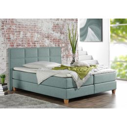 Boxspringbett Home Affaire "Casey", blau (petrol), B:211cm L:209cm, Struktur fein (100% Polyester), Komplettbetten, Boxspringbett, in 5 Breiten, 3 Ausf&uuml;hrungen, 2 H&auml;rtegraden, Steppung, Topper