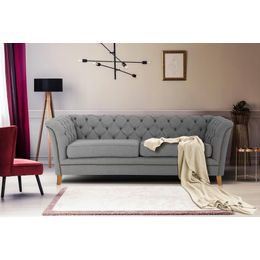 3-Sitzer Home Affaire "Newport", grau (hellgrau), B:210cm H:76cm T:81cm, Samtoptik (100% Polyester);Struktur fein (100% Polyester);Luxus-Microfaser Vintageoptik (100% Polyester), Sofas, mit Knopfheftung im R&uuml;cken, Keder und feinen Armlehnen