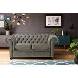 Chesterfield-Sofa Home Affaire "Chesterfield Home 2-Sitzer", grau (hellgrau), B:152cm H:75cm T:90cm, Luxus-Microfaser Vintageoptik (100% Polyester);Luxus-Microfaser (100% Polyester);Samtvelours (100% Polyester), Sofas, mit edler Knopfheftung und typischen Armlehnen