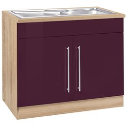 Spülenschrank KOCHSTATION "KS-Samos" Schränke Gr. B/H/T: 100 cm x 85 cm x 60 cm, 2 St., lila (aubergine hochglanz, eiche sonoma) 100 cm breit, inkl. Einbauspüle