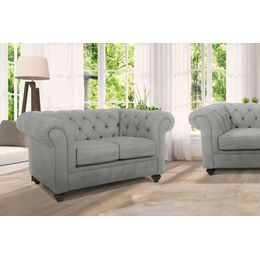 Chesterfield-Sofa Home Affaire "Duc 2-Sitzer", grau (hellgrau), B:147cm H:74cm T:89cm, Samtoptik (100% Polyester);Samtoptik (100% Polyester);Luxus-Microfaser Lederoptik (100% Polyester), Sofas, hochwertige Knopfheftung im Rücken, Samtoptik mit changierender Optik