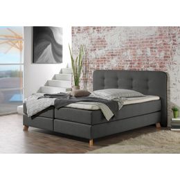 Boxspringbett Home Affaire "Cecina", grau (anthrazit), B:202cm L:210cm, Struktur fein (100% Polyester), Komplettbetten, Boxspringbett, in 5 Breiten, 3 Ausf&uuml;hrungen, 2 H&auml;rtegrade, Knopfheftung, Topper