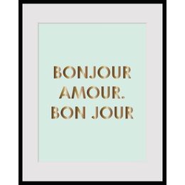 Bild queence "BONJOUR" Bilder Gr. B/H: 50 cm x 70 cm, Wandbild Sprüche & Texte Hochformat, grün (gold, mint) Spruch, gerahmt