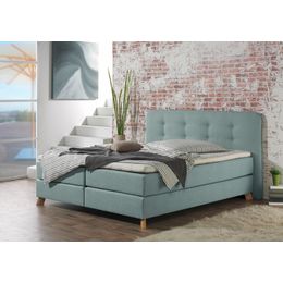 Boxspringbett Home Affaire "Cecina", blau (petrol), B:202cm L:210cm, Struktur fein (100% Polyester), Komplettbetten, Boxspringbett, in 5 Breiten, 3 Ausf&uuml;hrungen, 2 H&auml;rtegrade, Knopfheftung, Topper