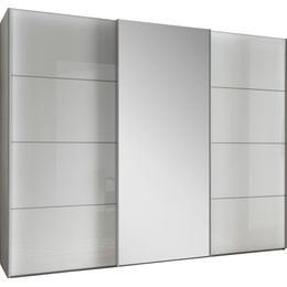 Schwebetürenschrank Wiemann "Kos" Schränke Gr. B/H/T: 246,3 cm x 236 cm x 67 cm, 3 St., grau (kieselgrau, dekor, glas weiß, kristallspiegel) mit Spiegeltür und Schattenfuge