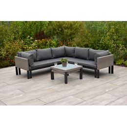 Garten-Essgruppe Merxx "Amantea" Sitzmöbel-Sets Gr. Polyester, ausziehbar, beige (steinbeige, grau, grafit, natur) Eckbank, inkl. Sitz-und Rückenkissen, 2 Tische