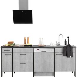 Küchenzeile Optifit "Tokio" Komplettküchen-Sets Gr. B/T: 224cm x 60cm, grau (küche: betonfarben + korpus: arbeitsplatte: granit schwarz) ohne E-Geräte, Breite 224 cm, mit Stahlgestell, Vollauszügen