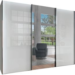 Schwebetürenschrank Wiemann "Monaco" Schränke Gr. B/H/T: 295,2 cm x 236 cm x 67 cm, 3 St., grau (kieselgrau, dekor, glas weiß, kristallspiegel) hochwertige Glas- und Spiegelfront