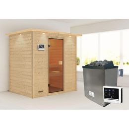 Sauna Karibu ""Sonja" mit bronzierter Tür und Kranz Ofen 9 KW externe Strg modern", beige (naturbelassen), Saunaofen, externe Steuerung, (ohne Ofen), Saunen