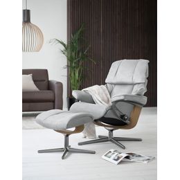 Fußhocker stressless "Reno" Hocker Gr. B/H/T: 55 cm x 43 cm x 41 cm, ROHLEDER Stoff Q2 FARON, Cross Base Eiche, grau (light grey q2 faron) mit Cross Base, Größe S, M & L, Holzakzent Eiche