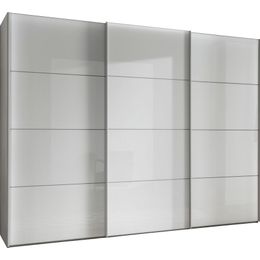 Schwebetürenschrank Wiemann "Kos" Schränke Gr. B/H/T: 278,9 cm x 217 cm x 67 cm, 3 St., grau (kieselgrau, dekor, glas weiß) mit Schattenfuge