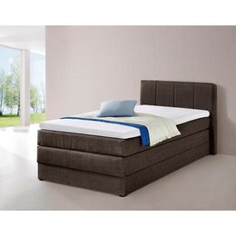 Boxspringbett Hapo, braun, Liegefläche B/L: 100cm x 200cm, kein Härtegrad, Bonnell-Federkernmatratze, Kopfteil, seitliche Unterbox und Obermatratze sind mit pflegeleichtem Feinstrukturstoff in Leinenoptik (100% Polyester) bezogen;Die Oberseite der Unterfederung und die Ober- und Unterseite der Obermatratze sind jeweils mit einem rutschhemmenden Stoff aus 100% Polyester bespannt., Komplettbetten, B