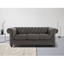 Chesterfield-Sofa Home Affaire "Chesterfield 3-Sitzer B/T/H: 198/89/74 cm", braun, B:198cm H:74cm T:89cm, Sofas, mit hochwertiger Knopfheftung, auch in Leder