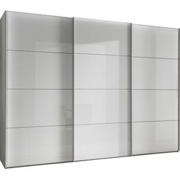 Schwebetürenschrank Wiemann "Kos" Schränke Gr. B/H/T: 295,2 cm x 217 cm x 67 cm, 3 St., grau (kieselgrau, dekor, glas weiß) mit Schattenfuge