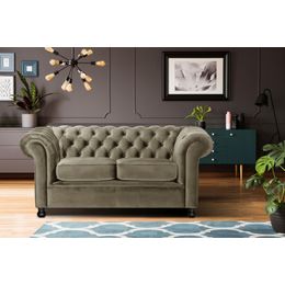 Chesterfield-Sofa Home Affaire "Chesterfield Home 2-Sitzer", grau (taupe), B:152cm H:75cm T:90cm, Luxus-Microfaser Vintageoptik (100% Polyester);Luxus-Microfaser (100% Polyester);Samtvelours (100% Polyester), Sofas, mit edler Knopfheftung und typischen Armlehnen