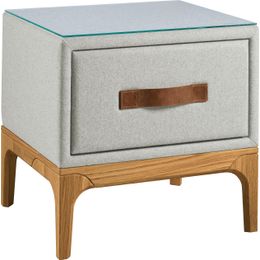 Nachtkommode Birkenstock "Iona" Sideboards Gr. B/H/T: 51 cm x 49,5 cm x 43,5 cm, 1, weiß (papyrusweiß cww 31) mit Lederlaschen-Griff, Holzsockel in Eiche natur