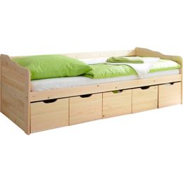 Funktionsbett Ticaa "Maria", beige (kiefer massiv natur), B:96cm H:69cm L:204cm, Daybetten, mit 5 Schubkästen, wahlweise mit Matratze