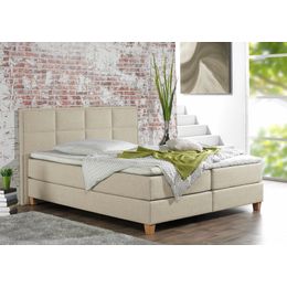 Boxspringbett Home Affaire "Casey", beige (creme, beige), B:191cm L:209cm, Struktur fein (100% Polyester), Komplettbetten, Boxspringbett, in 5 Breiten, 3 Ausf&uuml;hrungen, 2 H&auml;rtegraden, Steppung, Topper