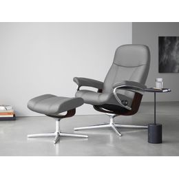 Fußhocker stressless "Consul", grau (wild dove batick), B:54cm H:41cm T:39cm, Leder BATICK: BATICK ist ein leicht korrigiertes, durchgefärbtes und genarbtes Möbelleder, bei dem die meisten Unebenheiten und Spuren in der Regel entfernt wurden., Hocker, mit Cross Base, Größe S, M & L, Holzakzent Braun
