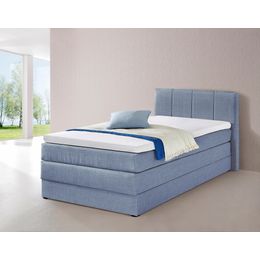 Boxspringbett Hapo, blau (hellblau), Liegefläche B/L: 100cm x 200cm, kein Härtegrad, 7-Zonen-Tonnentaschen-Federkernmatratze, Kopfteil, seitliche Unterbox und Obermatratze sind mit pflegeleichtem Feinstrukturstoff in Leinenoptik (100% Polyester) bezogen;Die Oberseite der Unterfederung und die Ober- und Unterseite der Obermatratze sind jeweils mit einem rutschhemmenden Stoff aus 100% Polyester besp