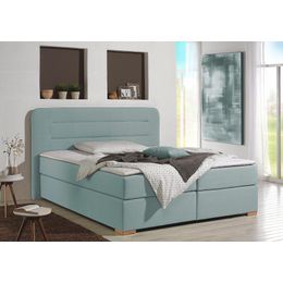 Boxspringbett Home Affaire "Manchester", blau (petrol), B:220cm L:208cm, Strukturstoff-Bezug (100% Polyester), Komplettbetten, Boxspringbett, 5 Breiten, 3 Ausf&uuml;hrungen, 2 H&auml;rtegraden, Topper, Steppung