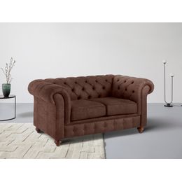 Chesterfield-Sofa Home Affaire "Chesterfield 2-Sitzer B/T/H: 150/89/74 cm", braun, B:150cm H:74cm T:89cm, Struktur (100% Polyester), Sofas, mit hochwertiger Knopfheftung, auch in Leder