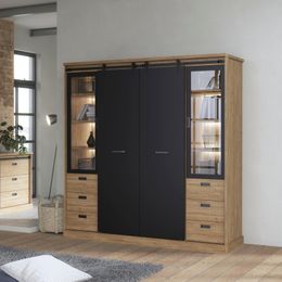 Kleiderschrank FORTE Schränke Gr. B/H/T: 203,2 cm x 208,4 cm x 61 cm, 4 St., schwarz (waterford eiche, schwarz) mit Beleuchtung